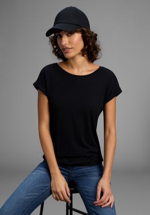 Flashlights T-Shirt FLASHLIGHTS, Damen, Gr. 32/34, schwarz, Single Jersey, Obermaterial: 50% Baumwolle, 50% Modal, unifarben, Basic, figurbetont h&uuml;ftlang, Rundhal