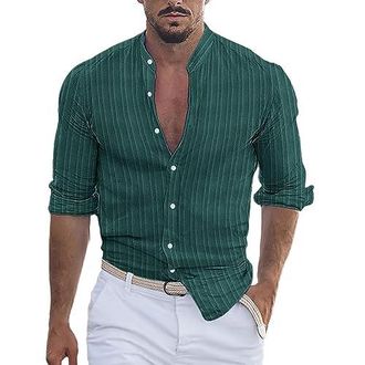 Generic Chemise &agrave; manches longues en mousseline de lin pour homme - Chemise boutonn&eacute;e - Chemise de loisirs - Jacquard ray&eacute;e - Col montant - Coupe normale - Ma