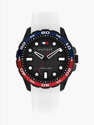 Tommy Hilfiger Montre bracelet blanche &agrave; lunette embl&eacute;matique