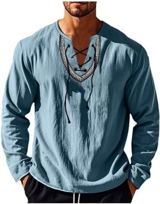 Generic T-shirt pour homme - Pull ample r&eacute;tro - Style ethnique d&eacute;contract&eacute; - Manches longues - Lin - Col montant, bleu clair, XXL