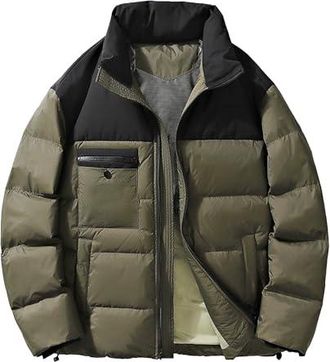 Generic Doudoune épaisse pour homme, col montant, couleur contrastée, fermeture éclair, coupe ample, manteaux à bulles de ski, Vert, M