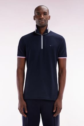 Eden Park Polo &Agrave; Manches Courtes En Coton Stretch Marine Col Zipp&eacute; Coupe Ajust&eacute;e