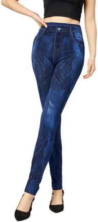 ORANDESIGNE Leggings Imprim&eacute;s Denim Femme Leggings Imitation Jeans Taille Haute Legging Sport Stretch Jeggings K Bleu Fonc&eacute; XL