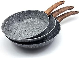 Kitchen Move ONYX Bratpfannen-Set, 3-teilig, Induktion, Antihaftbeschichtung, Aluminium, Ø 20/24/28 cm, Griff in Holzoptik, Steinbeschichtung, 5-lagig, 3-teilig