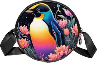 Generic Sac &agrave; bandouli&egrave;re rond pour femme, motif pingouin &agrave; dessin color&eacute;, petit sac &agrave; dos &agrave; bandouli&egrave;re avec fermeture &eacute;clair, bretelles r&eacute;glables, sac &agrave; mai