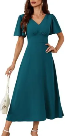 Grace Karin Robe Femme Col V Manches Courtes Volant&eacute;es Dos Carr&eacute; Taille Fronc&eacute;e A-Line &Eacute;l&eacute;gante