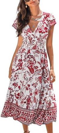 Cupshe Robe dété décontractée pour femme avec col en V et manches courtes smockées - Robe midi de vacances, rouge floral, Taille XL