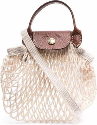 Longchamp Femme, Sacs, Beige, Taille: ONE Size Sac Bandouli&egrave;re en Cuir &Eacute;cru avec Bordure en Tricot