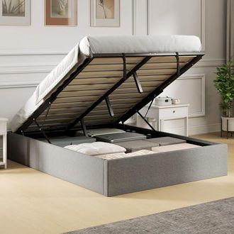 HOMCOM Lit Coffre 140 x 190 cm, Cadre de lit Double rembourr&eacute; en Tissu Aspect Lin, sommier &agrave; Lattes en Bois, Rangement cach&eacute;, sans Bruit, v&eacute;rin &agrave; gaz, Montag