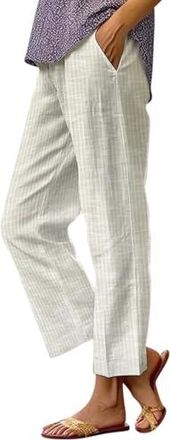 Generic Pantalon d&eacute;t&eacute; 3/4 en mousseline pour femme - Pantalon d&eacute;t&eacute; l&eacute;ger en lin - Avec poches - D&eacute;contract&eacute; - Pantalon en tissu &eacute;lastique et confortable - Pou