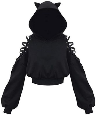 EUDOLAH Damen Hoodie Schulterfrei Katzen Ohr Hoodie Kapuzenpulli mit Bänder kurzes Sweatshirt (1-Schwarz XXL)