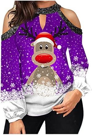 Generic 2026 Sweat-shirt classique &agrave; manches longues pour femme avec &eacute;paules d&eacute;nud&eacute;es, violet, 4XL