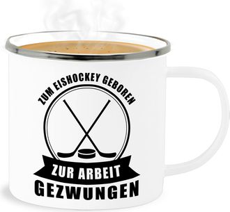 Shirtracer Emaille Becher Blechbecher - Deko Tasse Hobby Geschenk - Zum Eishockey geboren - Zur Arbeit gezwungen - schwarz - 300 ml - Weiß Silber