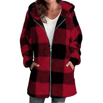 Generic Manteaux dhiver longs pour femmes, veste surdimensionn&eacute;e &agrave; carreaux Sherpa, manteaux chauds &agrave; manches longues pour lautomne et lhiver 2025, Rouge, XXL