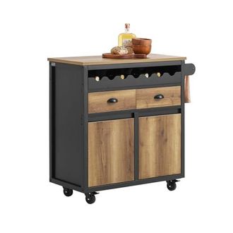 SoBuy Desserte de Cuisine à roulettes Chariot de Cuisine îlot de Cuisine Buffet Armoire de Rangement, 1 Porte-Bouteilles, 2 Tiroirs et 2 Portes, 89x40x87 cm