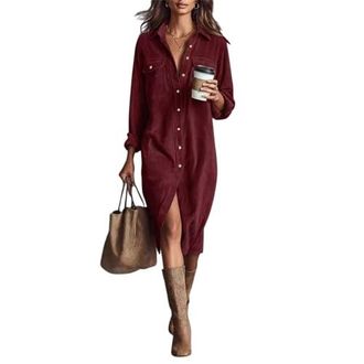 Generic Robe chemise dautomne boutonn&eacute;e en velours c&ocirc;tel&eacute; pour femme, tunique pliss&eacute;e, style d&eacute;contract&eacute;, col en V, coupe droite, Rouge-1., XXL