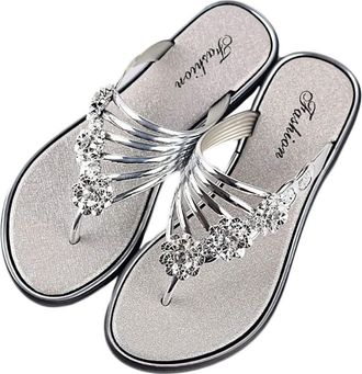 Onsoyours Sandalen Damen Strand Hausschuhe Sommer Freizeit Flip Flops Bohemian Sommerschuhe Flach Zehentrenner mit Strass A Silber 37 EU