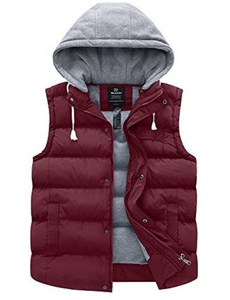 Wantdo Femme Gilet &agrave; Capuche Amovible Veste sans Manches Rembourr&eacute;e Epaise pour Printemps Automne Hiver Veste D&eacute;contract&eacute;e &agrave; Fermeture Eclair Rouge Vineux X-