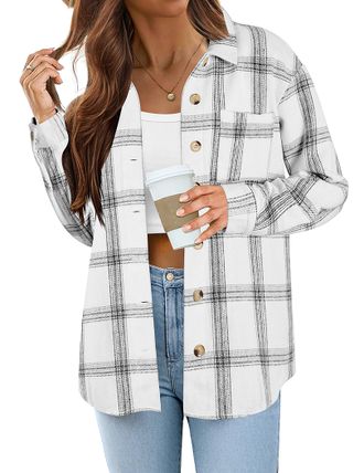 Zeagoo Damen Hemdjacke Karierte Hemdbluse Langarm Knopfleiste Flanell Bluse mit Tasche Blusenjacke L&auml;ssig Herbst Winter Shacket Westernhemd Wei&szlig; Schwarz S