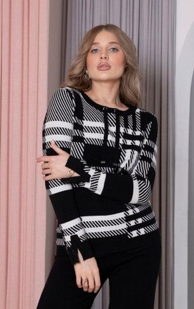 Passioni Strickpullover mit schwarz-wei&szlig;em Karomuster und Zuglaschen am Ausschnitt