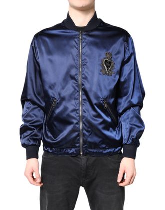 Dolce & Gabbana Mens Blue Nylon Dg Crown Full Zip Bomber Jacket Clothing