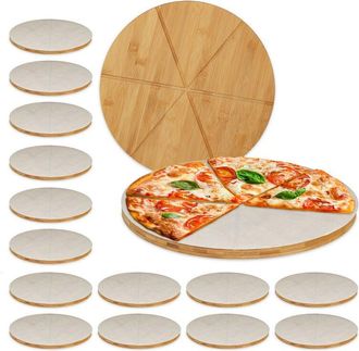 Relaxdays Relaxdays - Planche pizza, bambou, x16, assiette ronde 33 cm, papier de cuisson, avec rainures pour le découpage, nature
