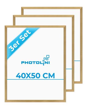 Photolini Bilderrahmen 40x50 gold Holz MDF, 3er Set Bilderrahmen 50x40 gold mit bruchsicherem Acrylglas, Rahmen 40x50 zum Aufh&auml;ngen, 50 x 40 frame mit Zubeh&ouml;r -