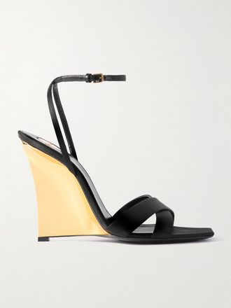 Saint Laurent Sandales Compensées En Satin À Finitions En Cuir Lucienne - Noir