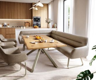 DELIFE Esszimmerbank Taya-Flex 285x190 cm Mikrofaser Beige Vintage Kufengestell flach Effektfinish Titan Taschenfederkern Rechts, Eckb&auml;nke