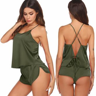 Ekouaer Seiden-Pyjama-Set f&uuml;r Damen, Satin, r&uuml;ckenfrei, Dessous, Pyjama, Oberteil und Shorts, Nachtw&auml;sche, Blau Gr&uuml;n, S