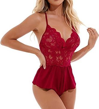 Generic Ensemble de sous-v&ecirc;tements sexy pour femme - Dentelle translucide - Creux - Bretelles spaghetti - Body - Combinaison - Teddy - Nuisette - Tenue de f&ecirc;t