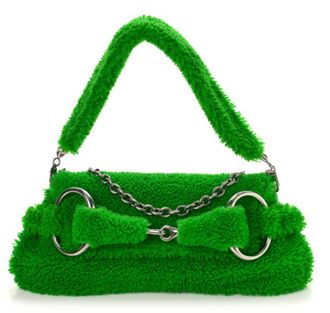 Gucci Grass Green Shearling Horsebit 1955 Chain Shoulder Bag
