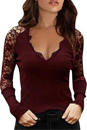 Onsoyours Hauts Femme Tops Col en V Mode Blouse Dentelle Manches Longues T-Shirts Chic Couleur Unie Shirt Élégant Tunique Lâche Mousseline Chemise Blouse B Vin 