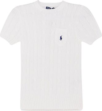 Polo Ralph Lauren Femme, Pulls, Blanc, Taille: 42 FR Pull en Tricot Torsad&eacute; &agrave; Manches Courtes et Col Ras du Cou