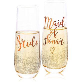 Juvale Champagnergläser (Set, 2 Stück) - Ohne Stiel, Aufschrift in Roségold Bride und Maid of Honor - Perfekt für Hochzeit, Polterabend - Glas, 248 ml