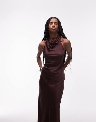 & Other Stories Robe longue en satin &agrave; encolure licou - Marron chocolat-Brown