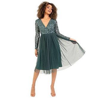 Maya Womens Ladies Wedding Guest Midi Dress Long Sleeve Plunging Neckline V Neck Sequin Embellished Graduation Robe de Demoiselle dhonneur, Emerald Green, 