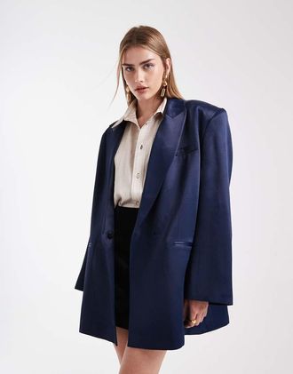 Asos Blazer long oversize en satin - Marine-Bleu marine