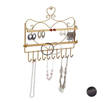 Relaxdays Schmuckhalter Wand, für Ketten, Ohrringe & Armbänder, Schmuckhaken Herzform, HxBxT 30 x 36,5 x 3,5 cm, gold