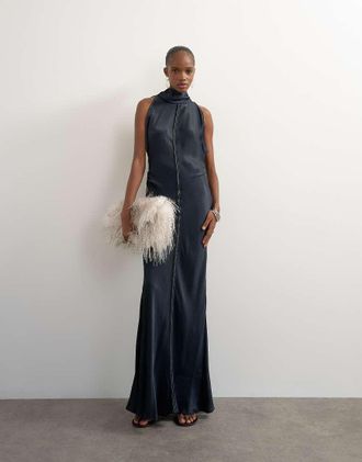 Topshop robe longue en satin viscose avec d&eacute;tails de coutures brutes, bleu marine avec surpiq&ucirc;res &eacute;cru