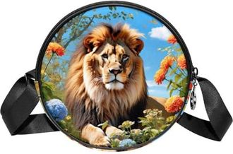 Generic Petit sac &agrave; bandouli&egrave;re circulaire pour femme, motif fleur de lion, sac &agrave; dos avec fermeture &eacute;clair, bretelles r&eacute;glables, sac &agrave; main rond d&eacute;contract&eacute; 