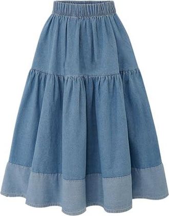 Generic Jupe en Jean Midi Longue pour Femme - Bleu - Ligne A - Taille Haute Élastique - Décontractée - Patchwork - Portefeuille - Loisirs - Couleur Unie