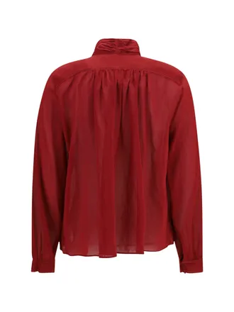 Forte_Forte Womens Pleated High-Neck Blouse Pomegranate Cotton; Silk Shirt