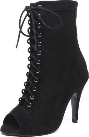 Minitoo Chaussures de danse latine pour femme avec lacets ouverts, L608 Daim Noir Talon 10 cm, 37 EU