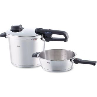 FISSLER Vitavit Premium/Schnellkochtopf-Set, 2-teilig (6 L und 2,5 L - &Oslash; 22 cm) Edelstahl-Dampfkochtopf & Bratpfanne, 2 Garstufen - Induktion