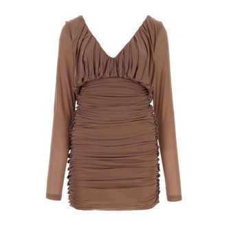 Saint Laurent Jersey Minikleid mit Raffung und langen &Auml;rmeln - - Dresses - Damen - Braun - S