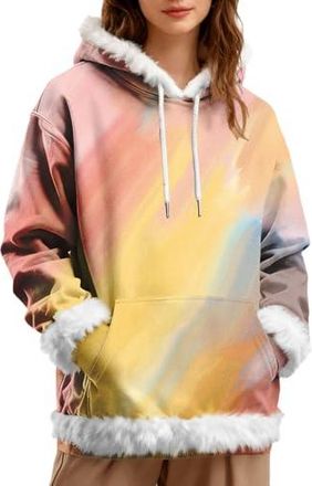 Generic Sweat à capuche surdimensionné avec col en peluche pour femme - Imprimé de Noël multicolore - Avec poche - Manches longues - Léger et confortable, mul