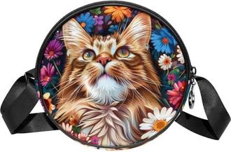 Generic Petit sac &agrave; bandouli&egrave;re rond pour femme, motif chat et fleur, sac &agrave; dos avec fermeture &eacute;clair, bretelles r&eacute;glables, sac &agrave; main rond d&eacute;contract&eacute; pour f