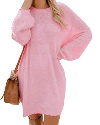 ORANDESIGNE Femmes Pull Robe Tricoté Col Rond Solide Couleur Chandail À Manches Longues Lâche Pullover Mini Dress Long Tricots Hiver Robe Tunique (40, Rose)