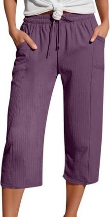 Generic Pantalon court en lin pour femme, pantalon capri pour femme, pantalon d&eacute;t&eacute; d&eacute;contract&eacute;, taille &eacute;lastique, pantalon de jogging 3/4 avec cordon de serra